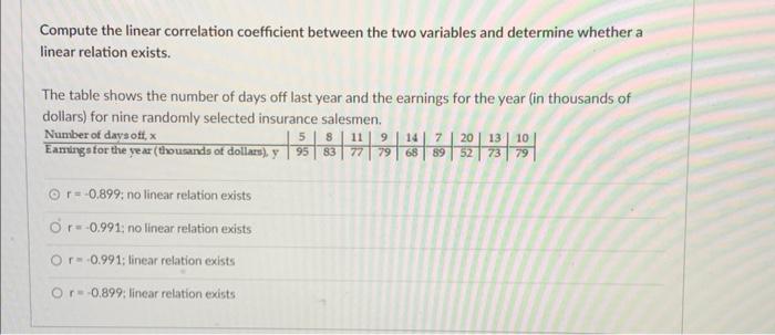Solved Compute the linear correlation coefficient between | Chegg.com