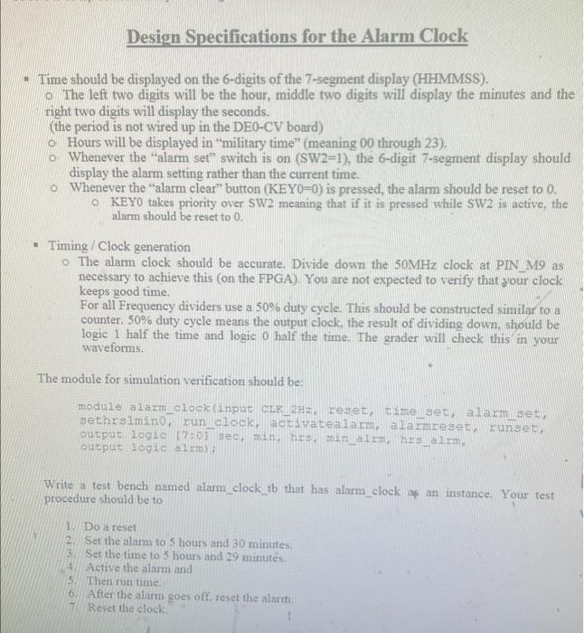 Solved Design Specifications for the Alarm Clock - Time | Chegg.com