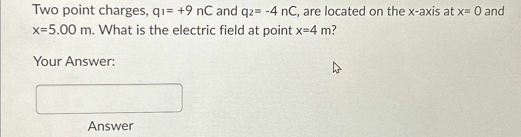 Solved Two point charges, q1=+9nC ﻿and q2=-4nC, ﻿are located | Chegg.com