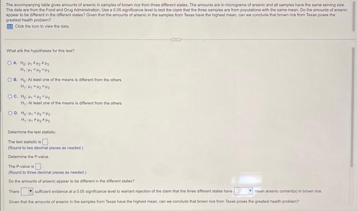 Solved The aooompanying table gives amounts of arsenic in | Chegg.com
