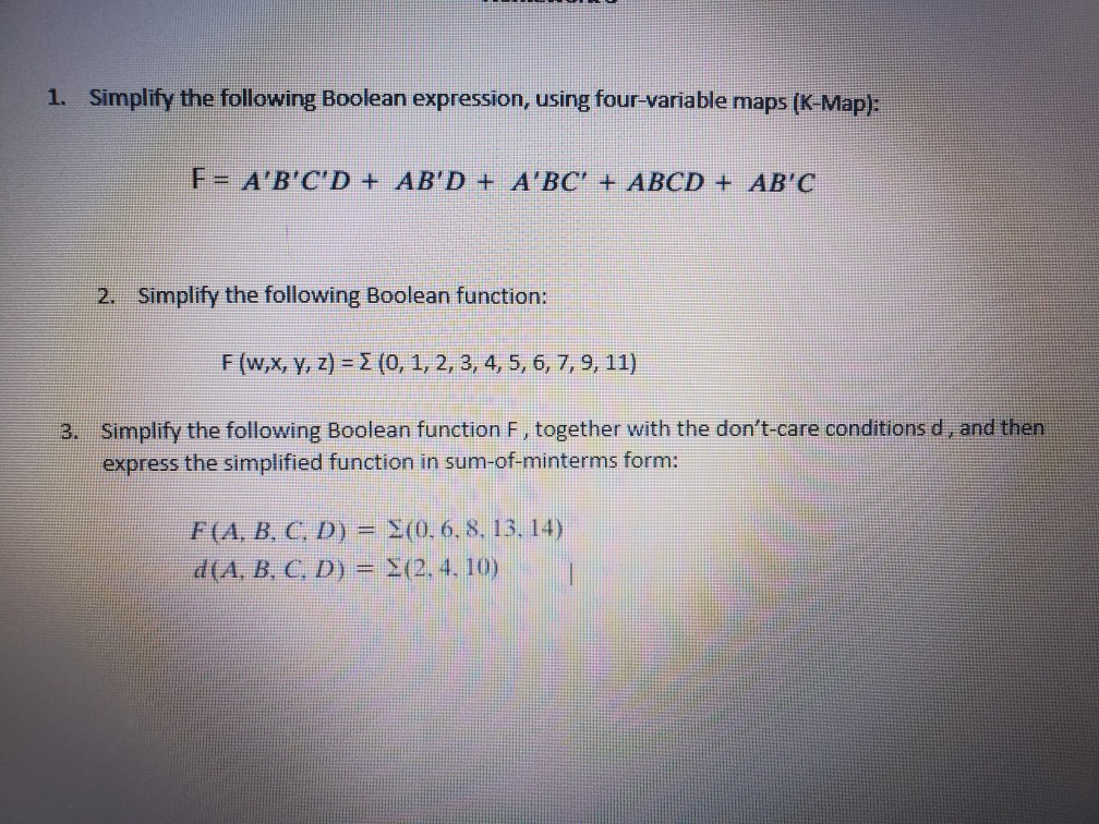 Solved 1. Simplify the following Boolean expression, using | Chegg.com