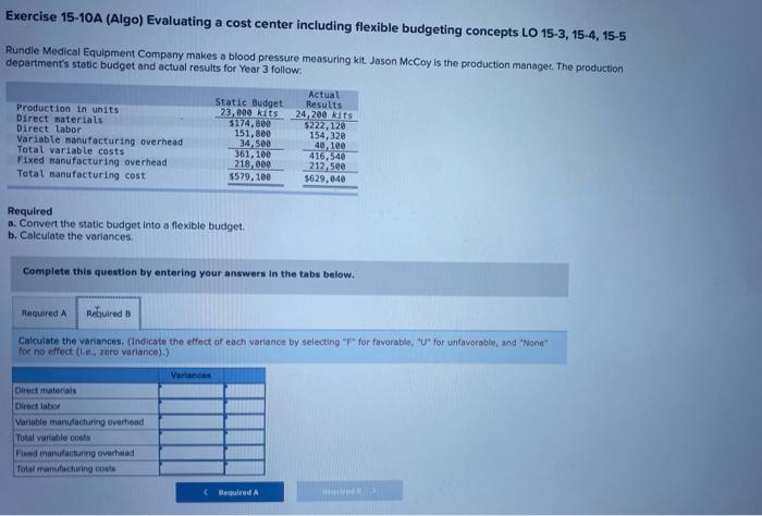 Solved Exercise 15-10A (Algo) Evaluating a cost center | Chegg.com