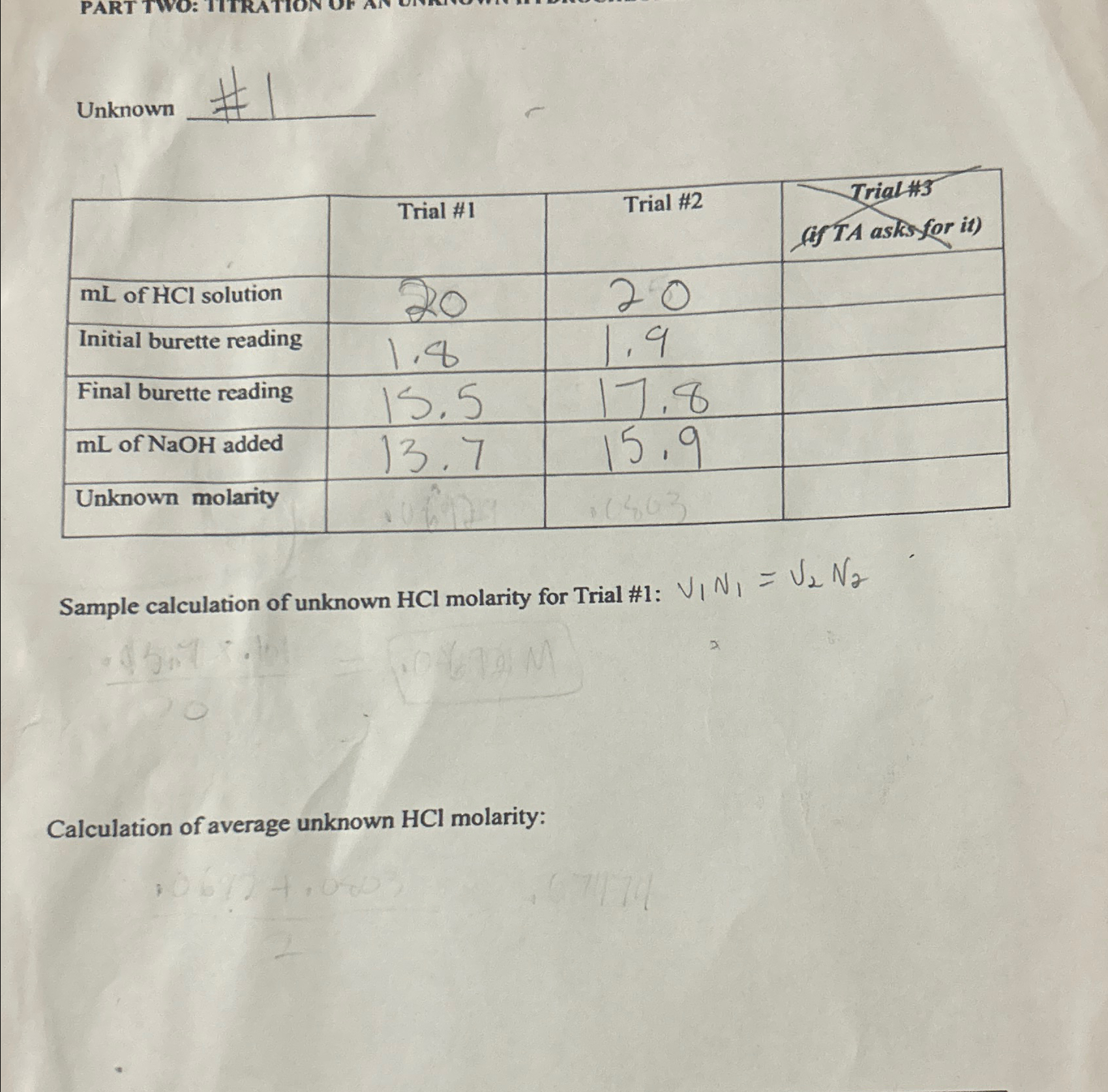 Unknown molarity Trial #1 ﻿and Trial #2 ?• ﻿Sample | Chegg.com