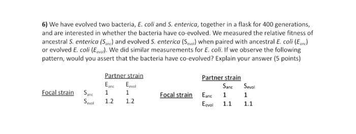 Solved 6) We have evolved two bacteria, E. coli and S. | Chegg.com