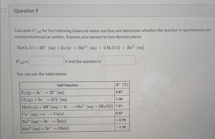 Solved Calculate Ecell ∘ for the following balanced redox | Chegg.com