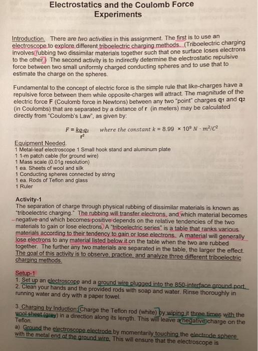 Electrostatics and the Coulomb Force Experiments | Chegg.com