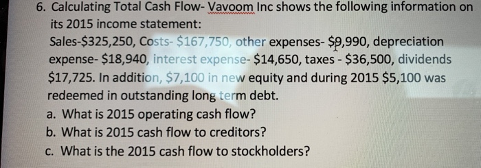 Solved 6. Calculating Total Cash Flow-Vavoom Inc shows the | Chegg.com