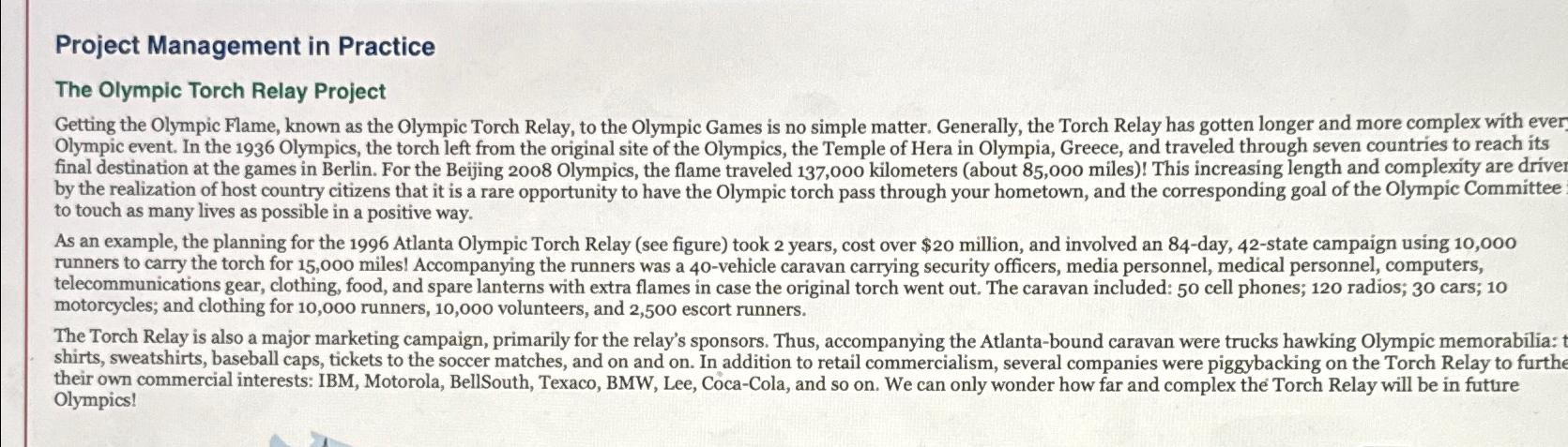 Solved Project Management in PracticeThe Olympic Torch Relay | Chegg.com