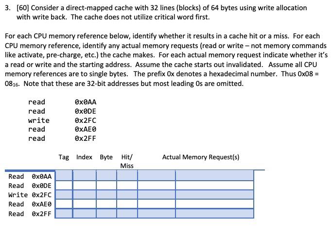 Solved 3. [60] Consider a direct-mapped cache with 32 lines | Chegg.com