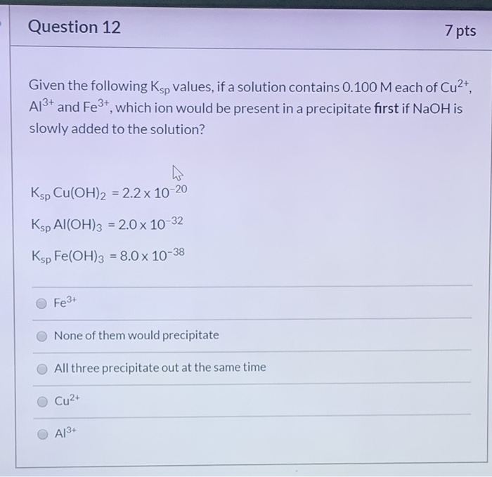 Solved Question 12 7 pts Given the following Ksp values, if | Chegg.com