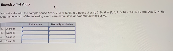 Solved Exercise 4-4 Algo You roll a die with the sample | Chegg.com