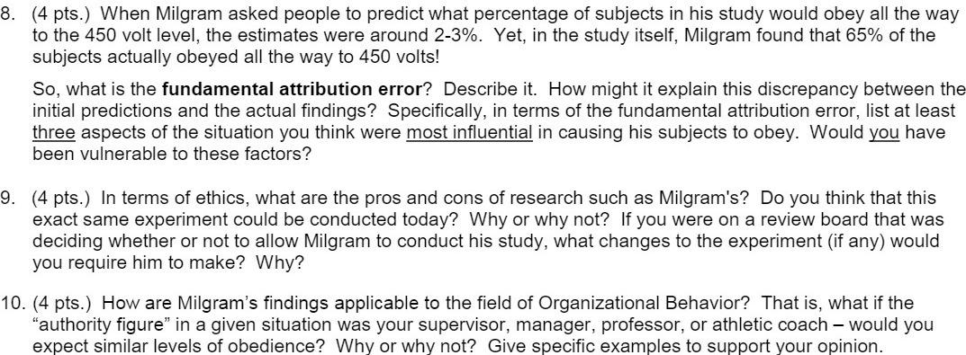 Solved 8. (4 pts.) When Milgram asked people to predict what | Chegg.com