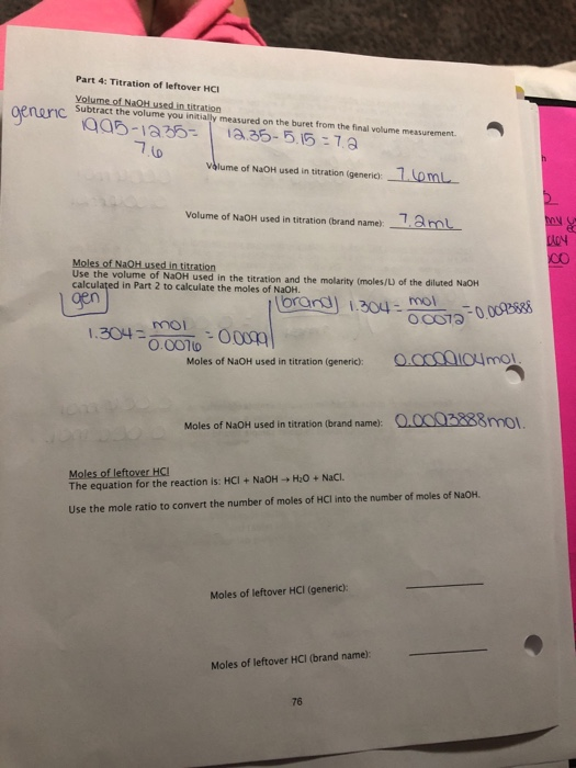 Solved Part 4: Titration of leftover HCI Volume of NaOH used | Chegg.com