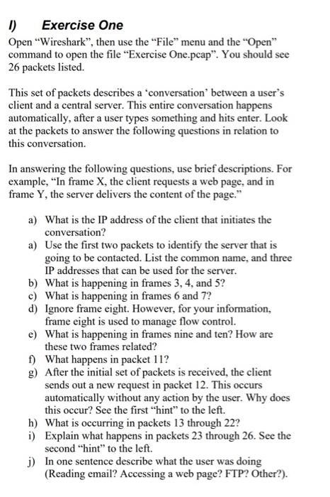 Solved I) Exercise One Open "Wireshark", then use the | Chegg.com