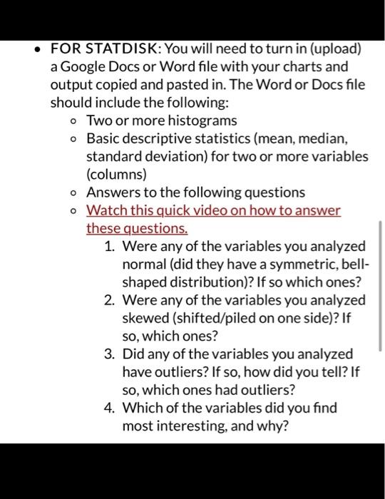 Solved FOR STATDISK: You will need to turn in (upload) a | Chegg.com