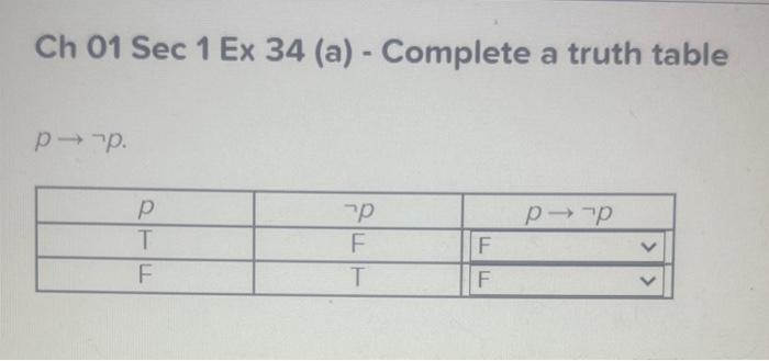 Solved Ch 01 Sec 1 Ex 34 (a) - Complete a truth table p→¬p. | Chegg.com