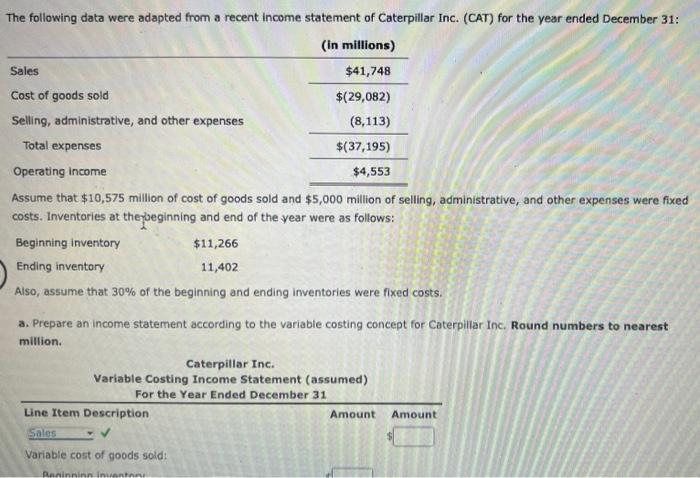 Solved The following data were adapted from a recent income | Chegg.com