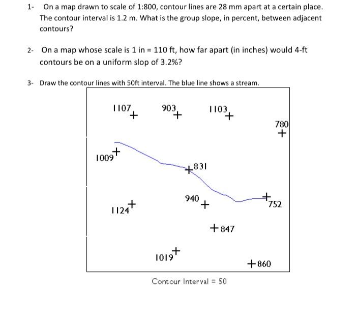 Solved 1- On a map drawn to scale of 1:800, contour lines | Chegg.com