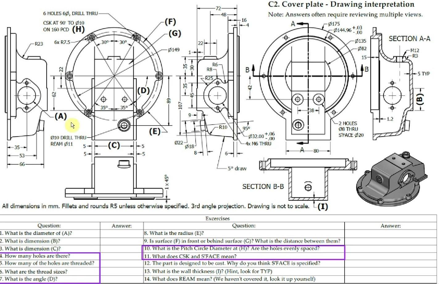 Solved 6 HOLES 6, DRILL THRU CSK AT 90 TO Ø10 ON 160 PCD (H) | Chegg.com