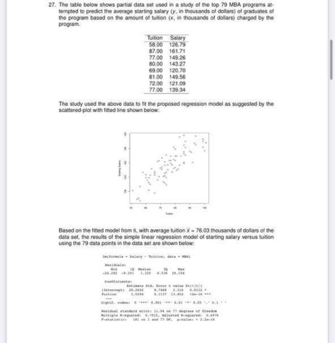 Solved 27. The table below shows partial data set used in a | Chegg.com