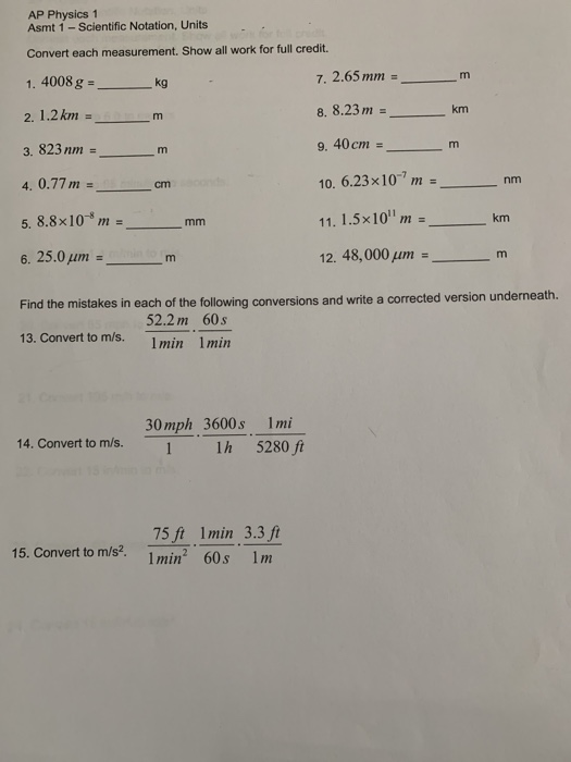 Solved AP Physics 1 Asmt 1 - Scientific Notation, Units | Chegg.com