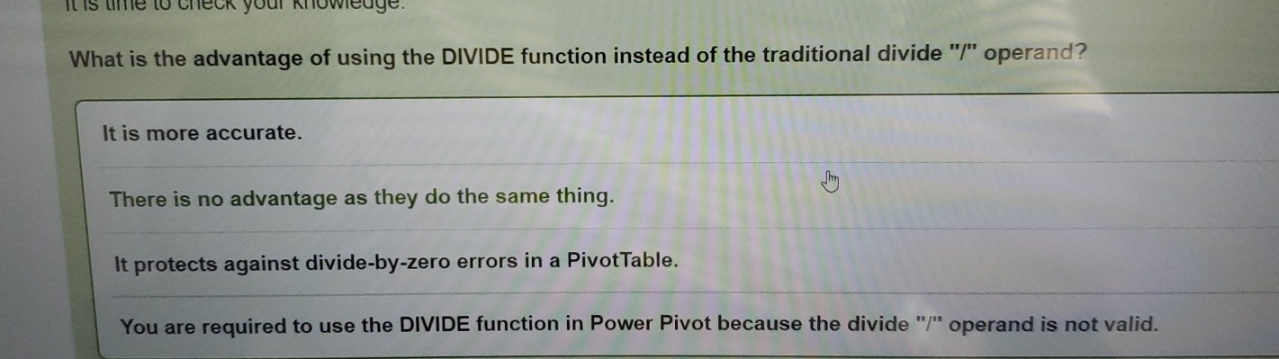 Solved What is the advantage of using the DIVIDE function | Chegg.com