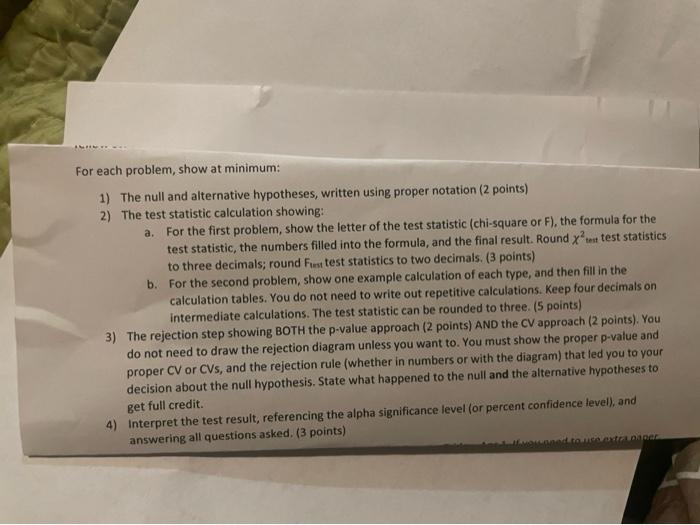 Solved For each problem, show at minimum: 1) The null and | Chegg.com