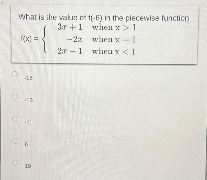 Solved What is the value of f(−6) in the piecewise function | Chegg.com