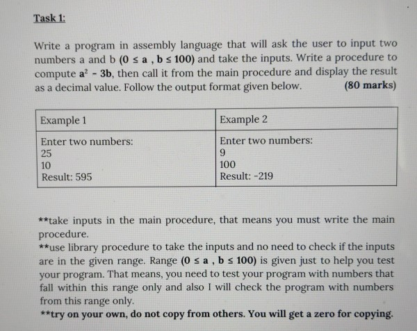 Solved Task 1: Write a program in assembly language that | Chegg.com