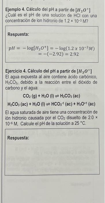 Solved Ejemplo 4. Cálculo del pH a partir de [H3O+] ¿Cuál es | Chegg.com