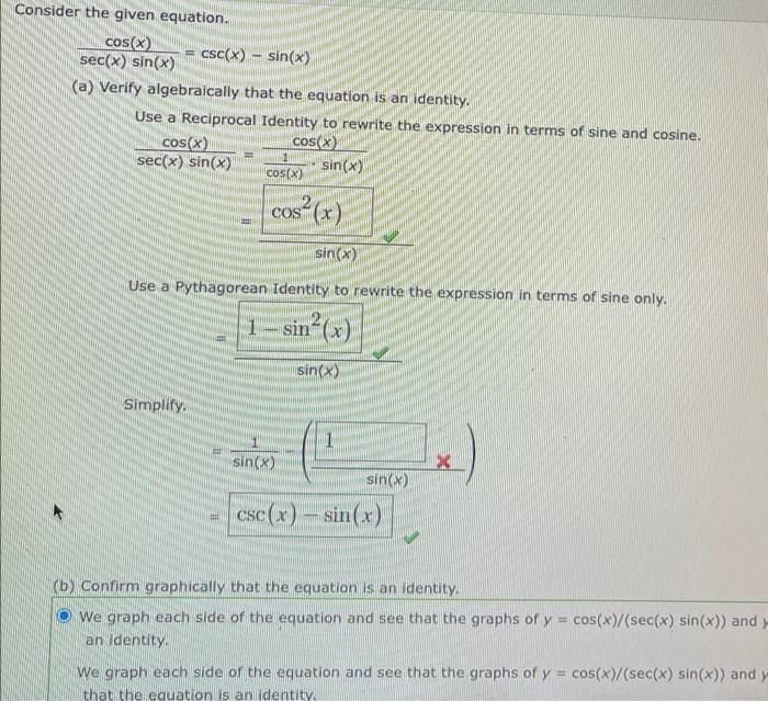 Solved Consider the given equation. cos(x) = csc(x) = sin(x) | Chegg.com