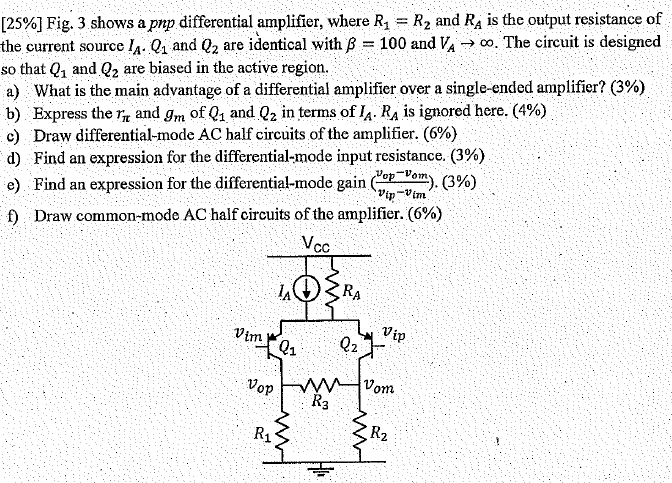Solved [25%] ﻿Fig. 3 ﻿shows a pnp differential amplifier, | Chegg.com