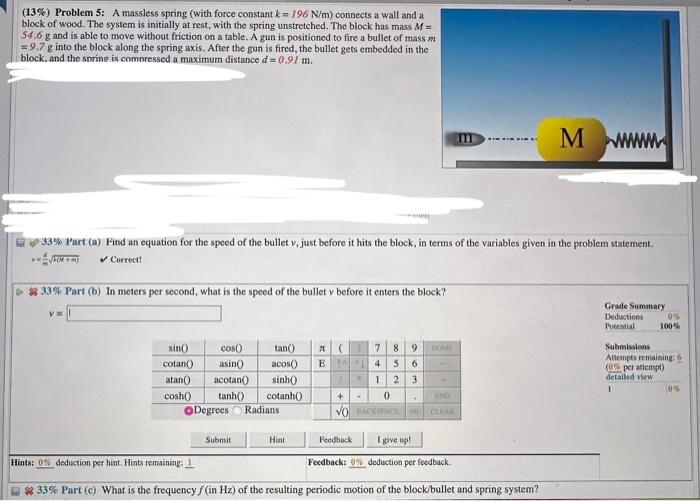Solved (13\%) Problem 5: A massless spring (with force | Chegg.com