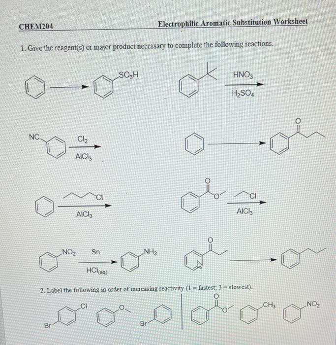 Solved CHEM204 Electrophilic Aromatic Substitution Worksheet | Chegg.com