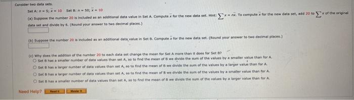 Solved Consider two data sets. Set At 5-10 Set-50; x = 10 () | Chegg.com