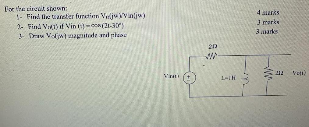 Solved For the circuit shown: 1- Find the transfer function | Chegg.com