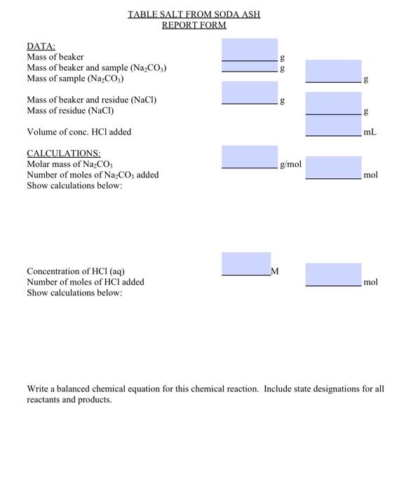 Solved TABLE SALT FROM SODA ASH REPORTFORM DATA: Mass of | Chegg.com