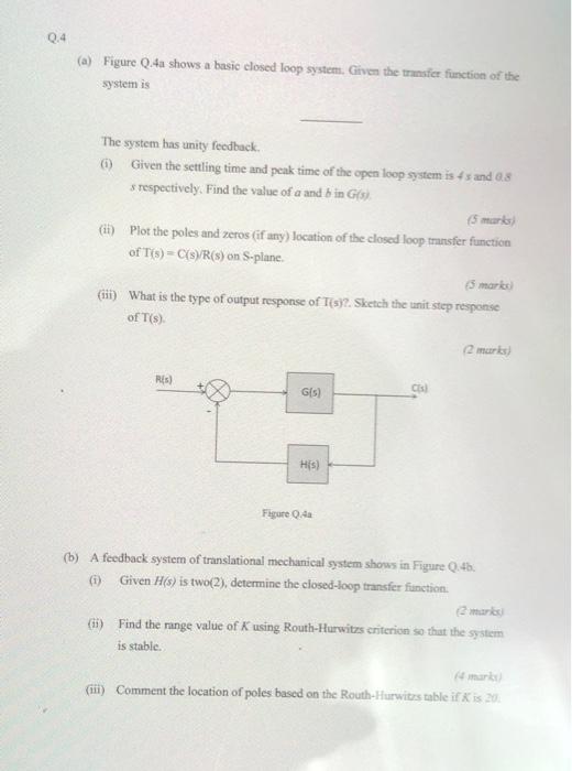 (a) Figure Q.4a shows a basic elosed loop system. | Chegg.com