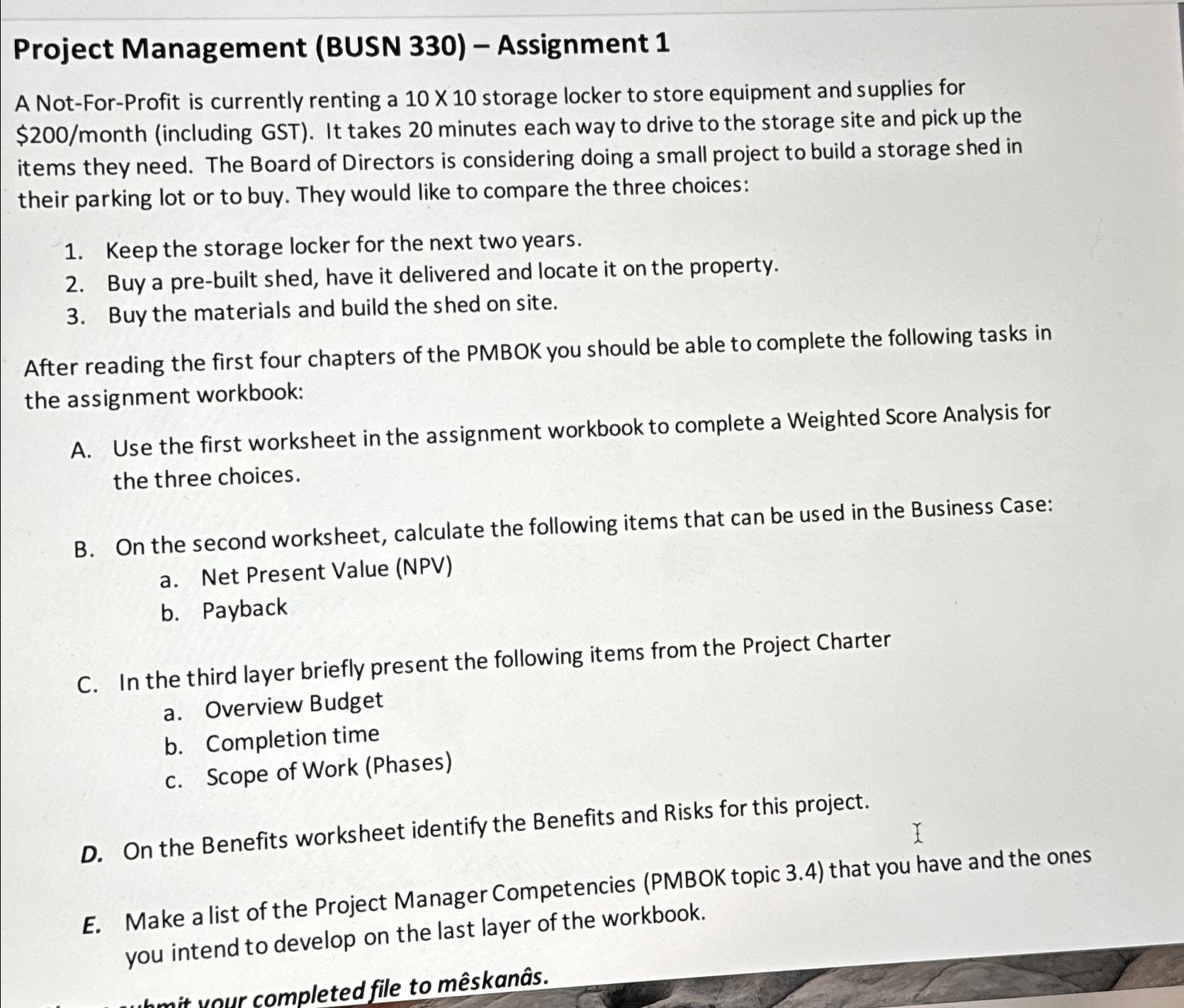 Solved Project Management (BUSN 330) - ﻿Assignment 1A | Chegg.com