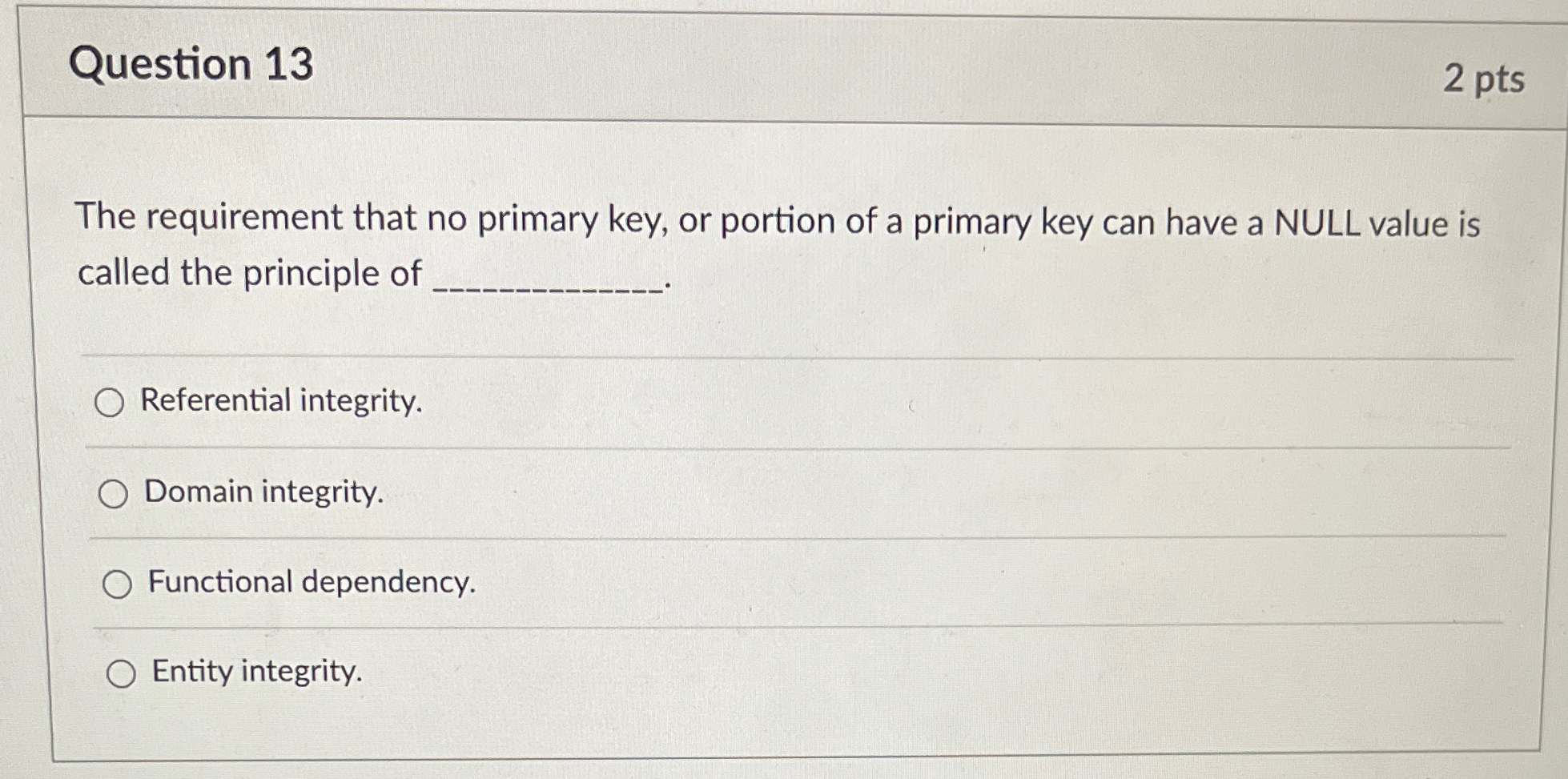 Solved Question 132 ﻿ptsThe requirement that no primary key, | Chegg.com