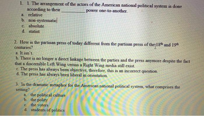 Solved 1. 1. The arrangement of the actors of the American | Chegg.com