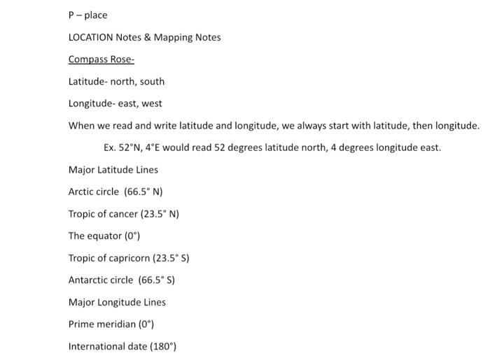 Solved P-place LOCATION Notes & Mapping Notes Compass Rose | Chegg.com