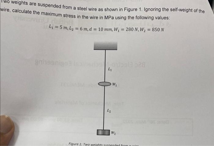 Solved Two weights are suspended from a steel wire as shown | Chegg.com