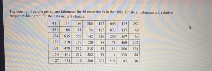 Solved The density of people per square kilometer for 56 | Chegg.com