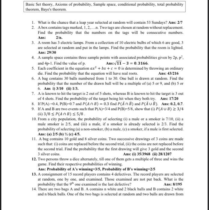 Solved Basic Set theory, Axioms of probability, Sample | Chegg.com