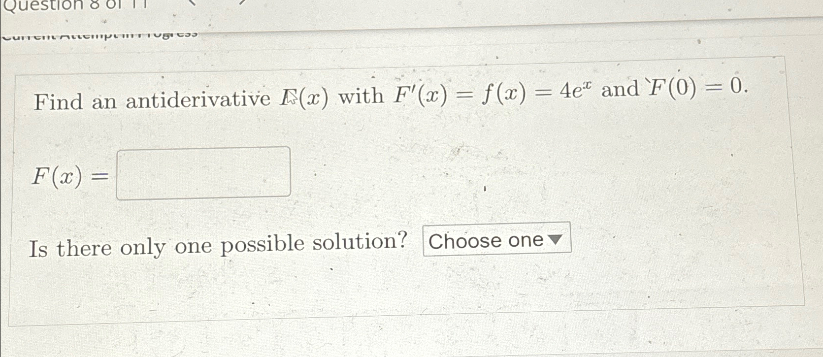 Solved Find an antiderivative F(x) ﻿with F'(x)=f(x)=4ex ﻿and | Chegg.com