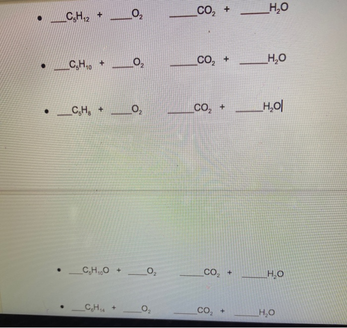 Solved _CO, +_HO • C,H,2 + 0, . _CH + __0, • _CHg + ___0, | Chegg.com
