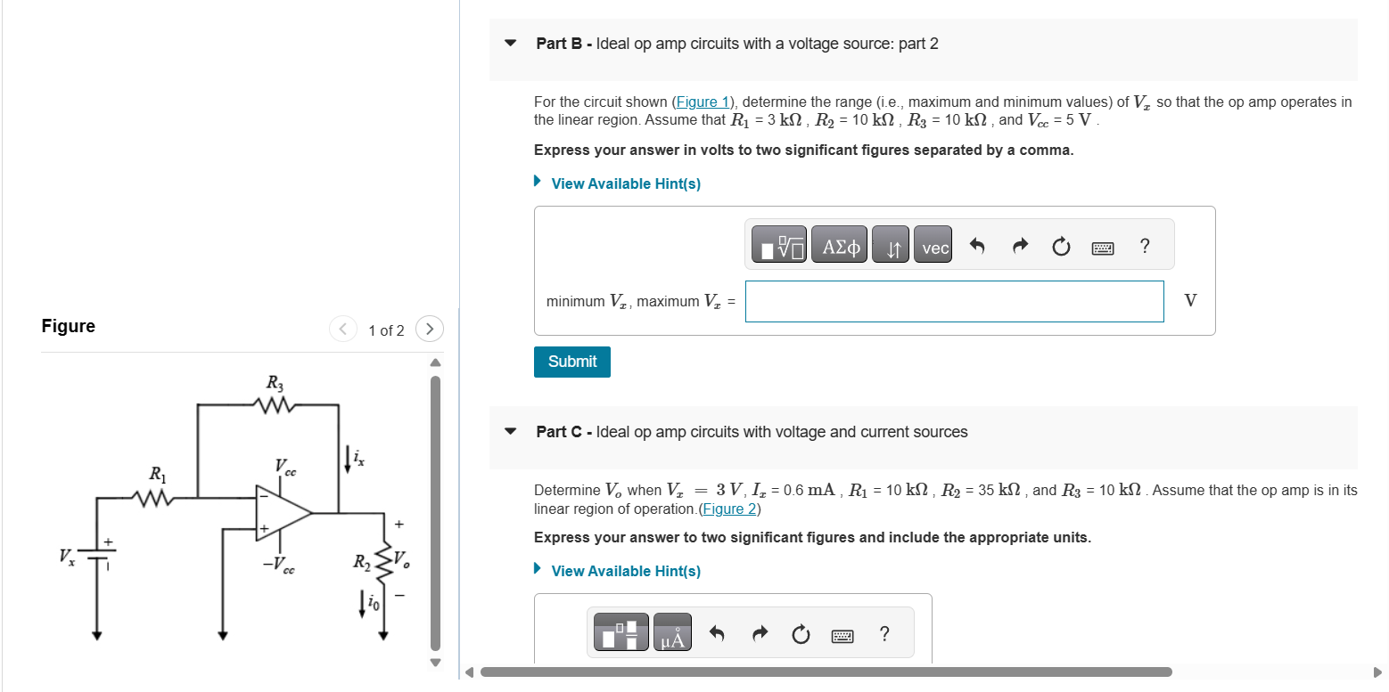 Part B - ﻿Ideal op amp circuits with a voltage | Chegg.com