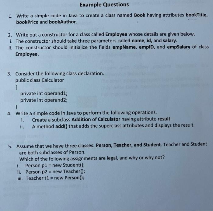 Solved Example Questions 1 Write A Simple Code In Java To