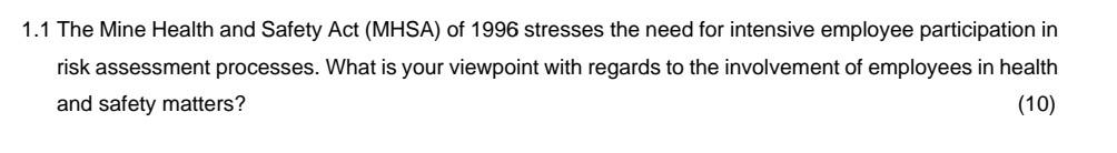 Solved 1.1 The Mine Health and Safety Act (MHSA) of 1996 | Chegg.com
